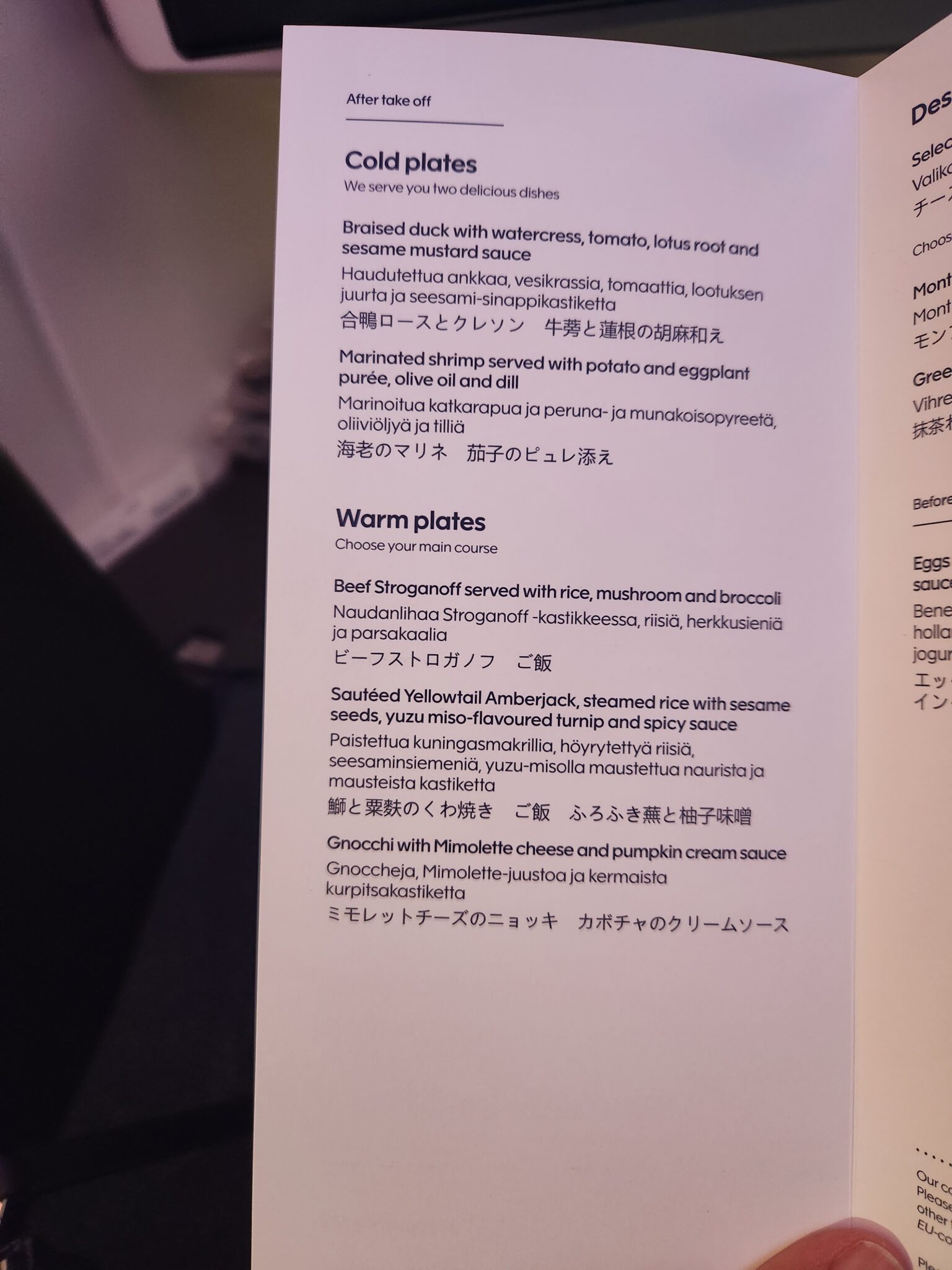 Finnair Business Class Food Review Haneda to Helsinki menu